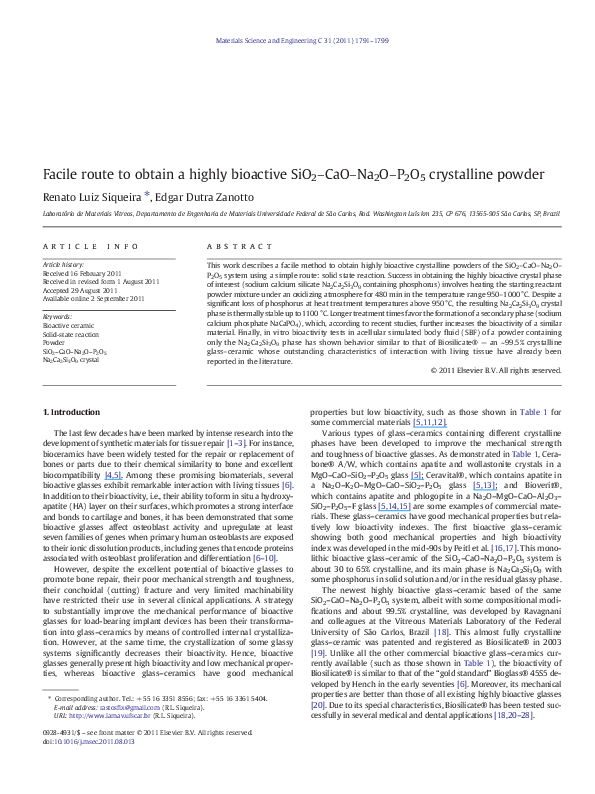 (PDF) Facile route to obtain a highly bioactive SiO2–CaO–Na2O–P2O5 crystalline powder