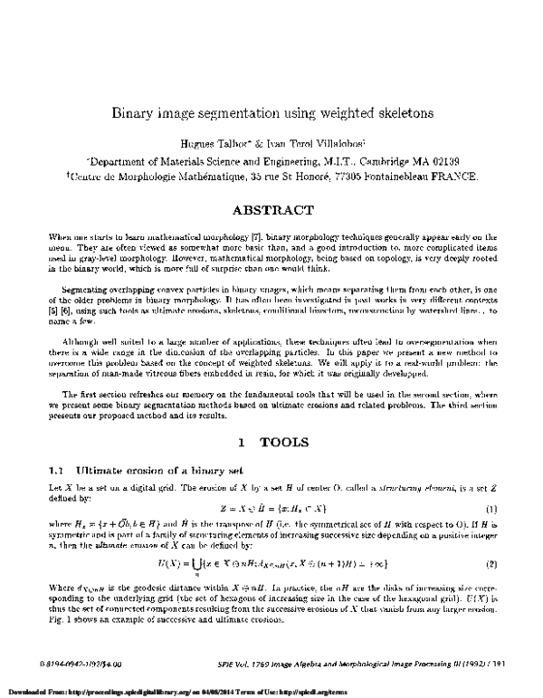(PDF) Binary image segmentation using weighted skeletons