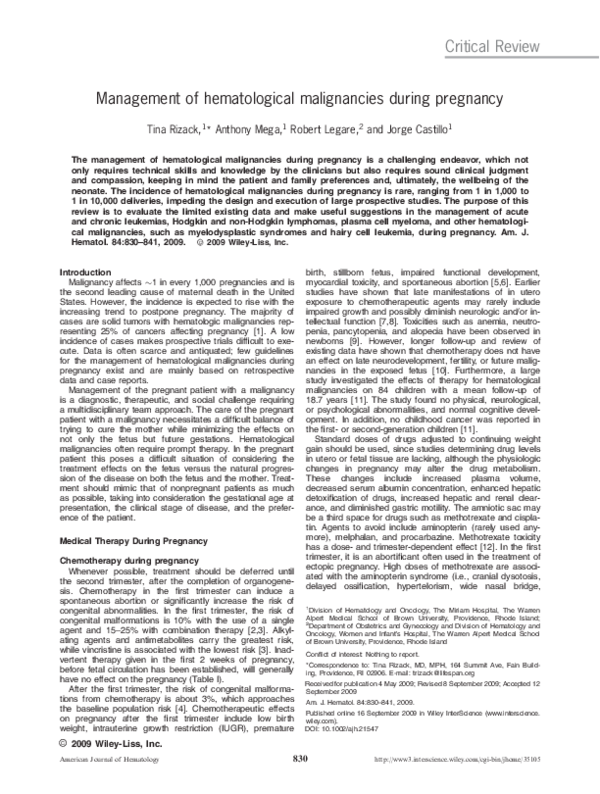 (PDF) Management of hematological malignancies during pregnancy