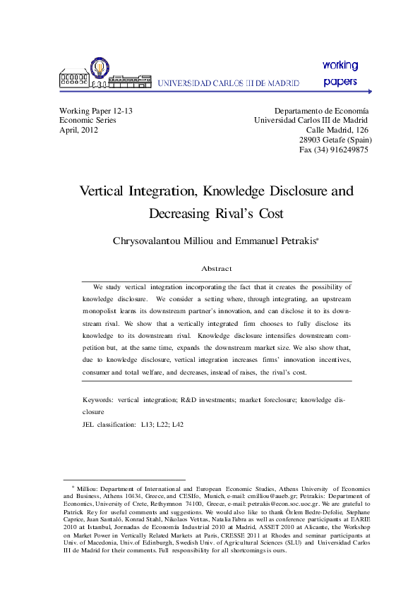 (PDF) Vertical integration, knowledge disclosure and decreasing rival's ...