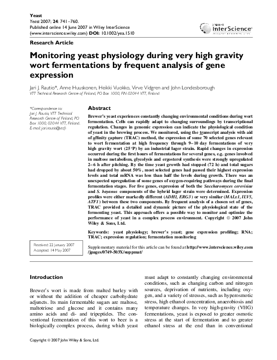 (PDF) Monitoring yeast physiology during very high gravity wort fermentations by frequent ...