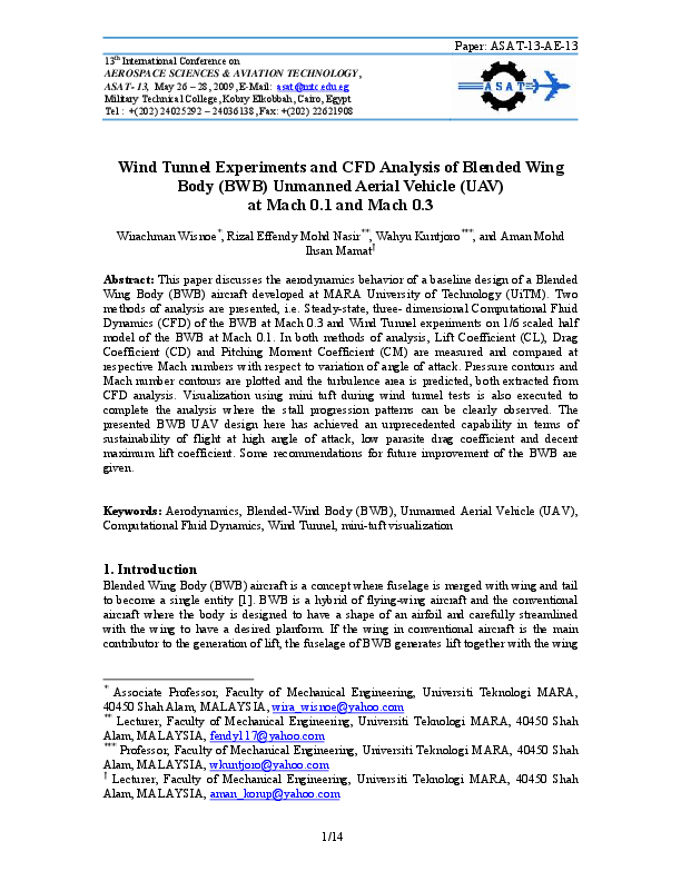 (PDF) Wind Tunnel Experiments and CFD Analysis of Blended Wing Body ...