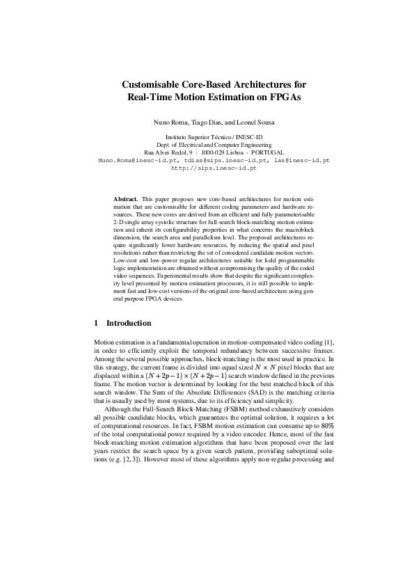 (PDF) Customisable Core-Based Architectures for Real-Time Motion Estimation on FPGAs