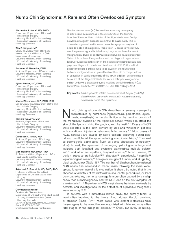 (PDF) Numb Chin Syndrome: A Rare and Often Overlooked Symptom