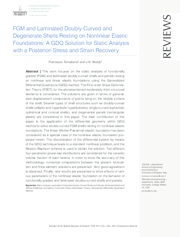 Pdf Fgm And Laminated Doubly Curved And Degenerate Shells Resting On Nonlinear Elastic