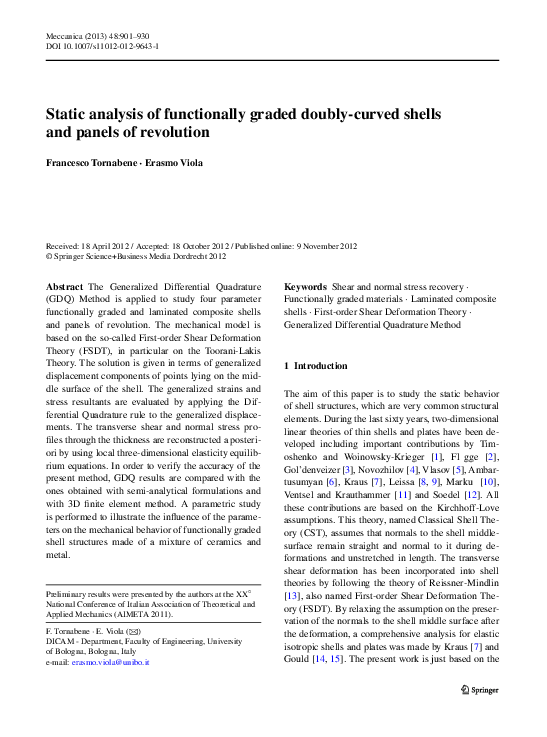 (PDF) Static analysis of functionally graded doubly-curved shells and panels of revolution