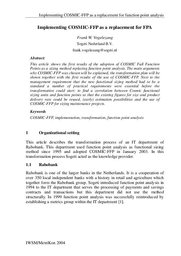 (PDF) Implementing COSMIC-FFP as a replacement for function point analysis