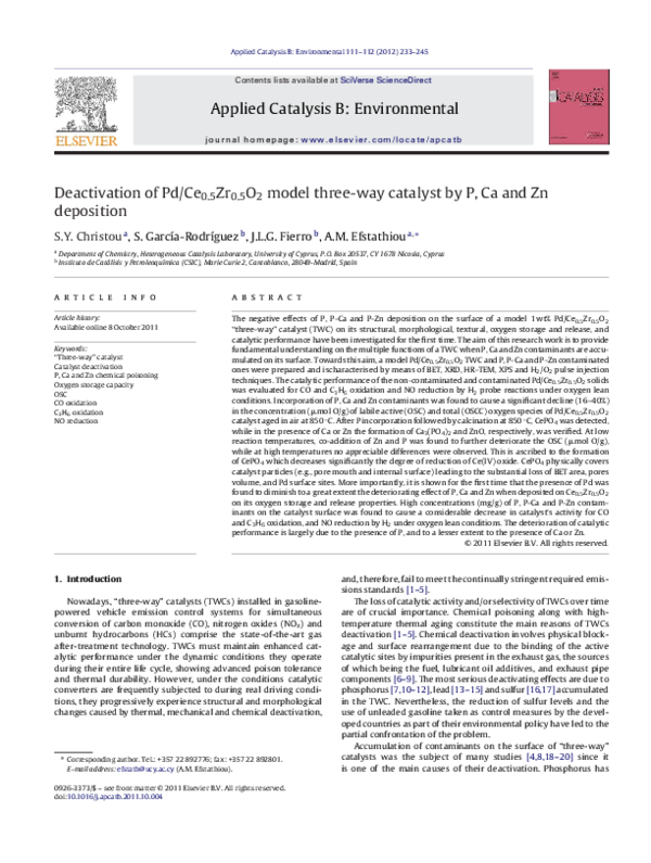 (PDF) Deactivation of Pd/Ce0.5Zr0.5O2 model three-way catalyst by P, Ca ...
