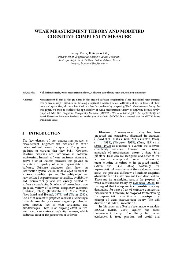 (PDF) Weak Measurement Theory and Modified Cognitive Complexity Measure