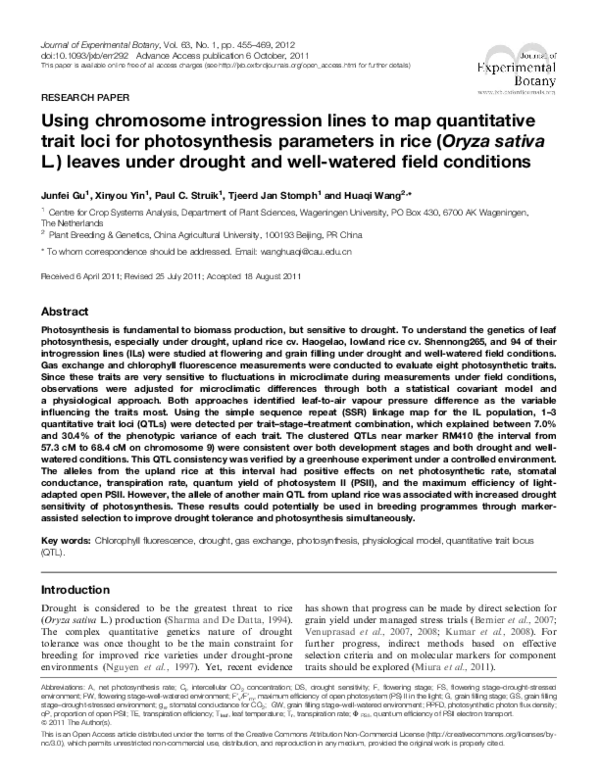 (PDF) Using chromosome introgression lines to map quantitative trait loci for photosynthesis ...