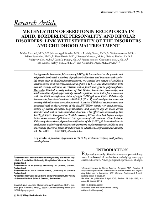 (PDF) METHYLATION OF SEROTONIN RECEPTOR 3A IN ADHD, BORDERLINE ...