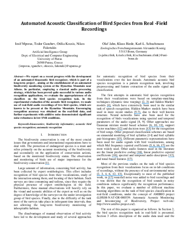 (PDF) Automated Acoustic Classification of Bird Species from Real ...