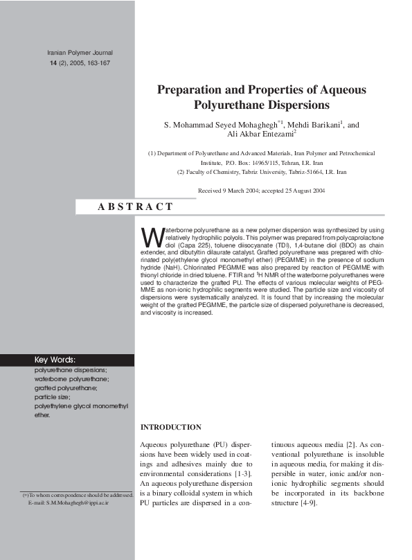 (PDF) Preparation and Properties of Aqueous Polyurethane Dispersions