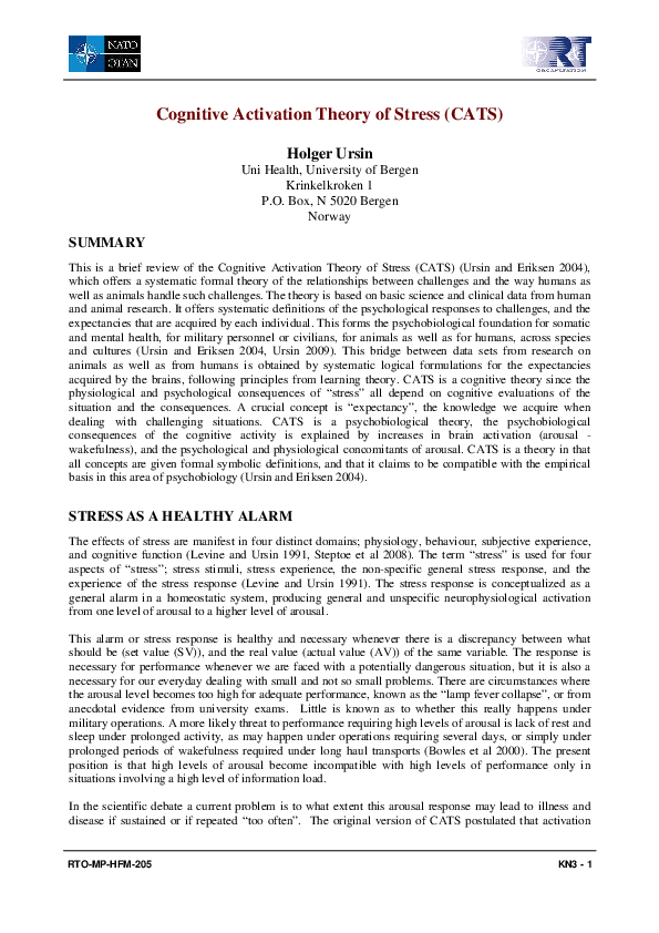 (PDF) Cognitive activation theory of stress (CATS): From fish brains to ...