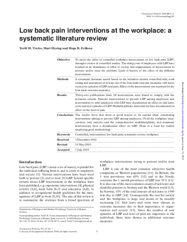 (PDF) Low back pain interventions at the workplace: a systematic ...