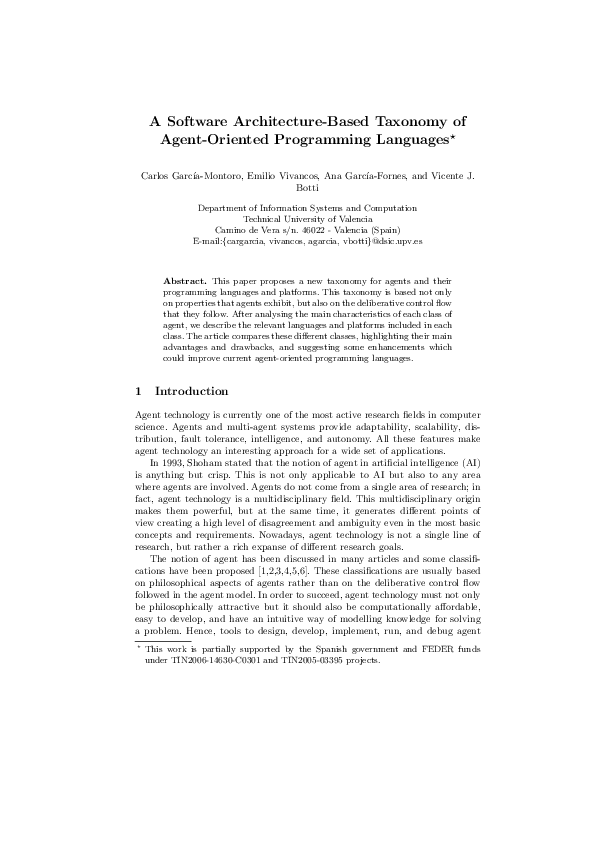 (PDF) A software architecture-based taxonomy of agent-oriented programming languages