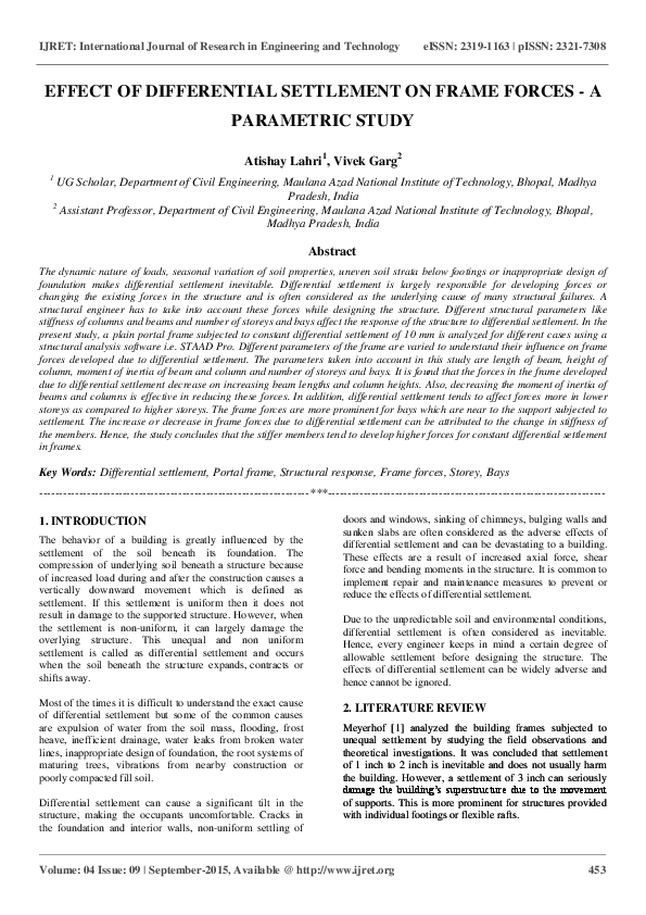(PDF) EFFECT OF DIFFERENTIAL SETTLEMENT ON FRAME FORCES -A PARAMETRIC STUDY