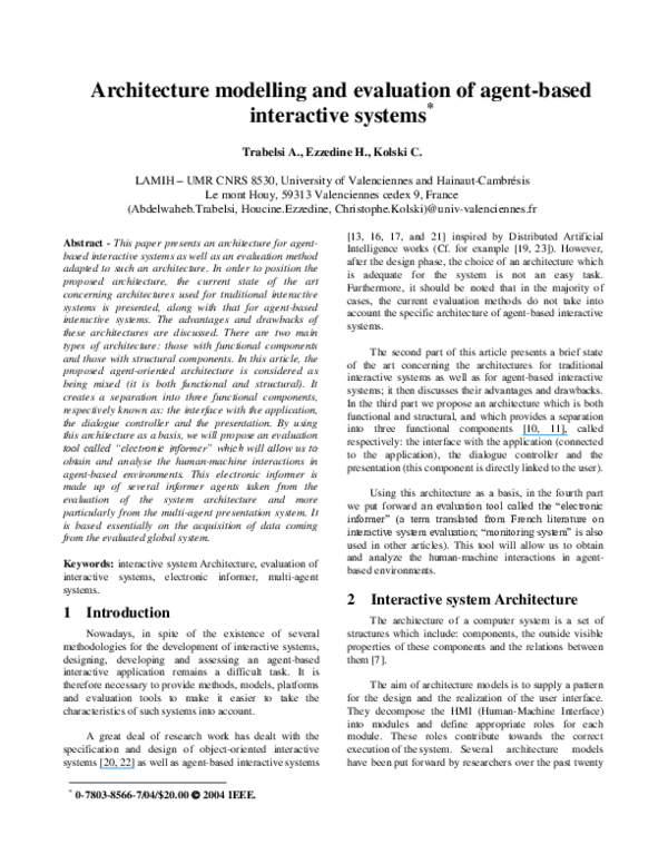 (PDF) Architecture modelling and evaluation of agent-based interactive systems