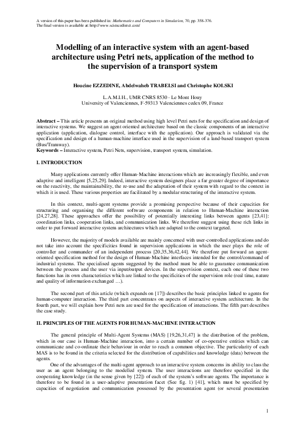 (PDF) Modelling of an interactive system with an agent-based architecture using Petri nets ...