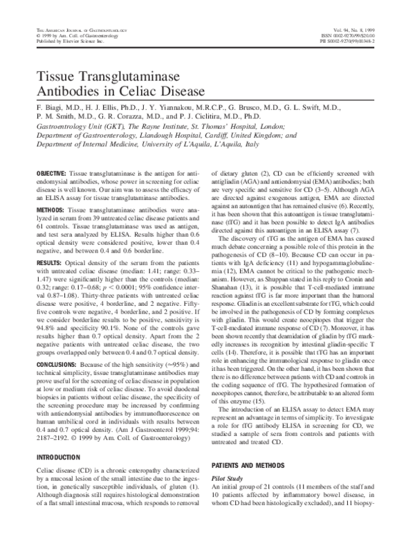Pdf Tissue Transglutaminase Antibodies In Celiac Disease Comparison Of An Enzyme Linked