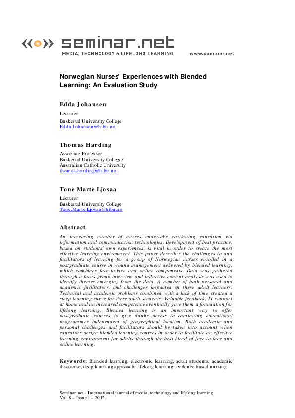 (PDF) Norwegian Nurses' Experiences with Blended Learning: An ...