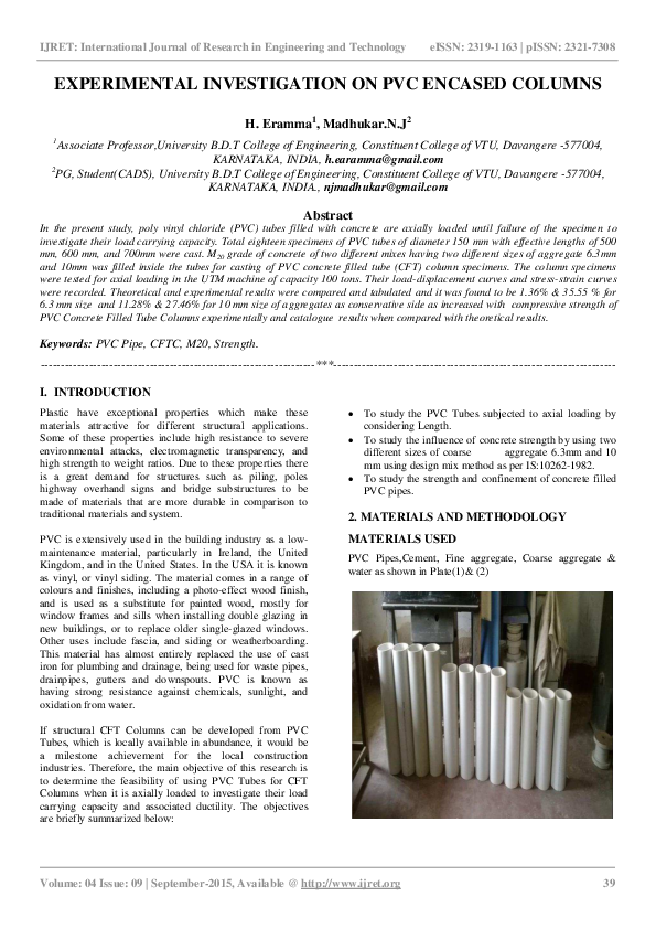 (PDF) EXPERIMENTAL INVESTIGATION ON PVC ENCASED COLUMNS