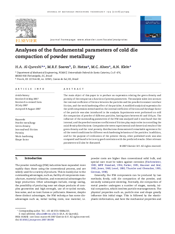 (PDF) Analyses of the fundamental parameters of cold die compaction of ...