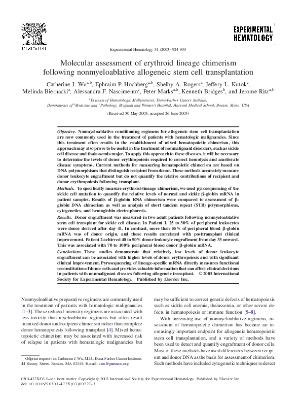 (PDF) Validation of chimerism in pediatric recipients of allogeneic hematopoietic stem cell ...