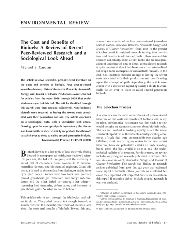 (PDF) ENVIRONMENTAL REVIEW: The Cost and Benefits of Biofuels: A Review ...