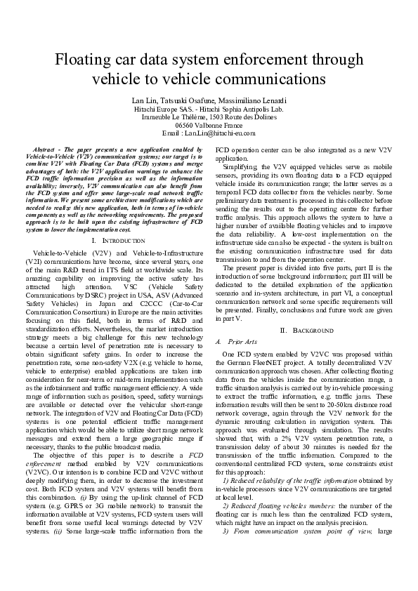 Pdf Floating Car Data System Enforcement Through Vehicle To Vehicle Communications