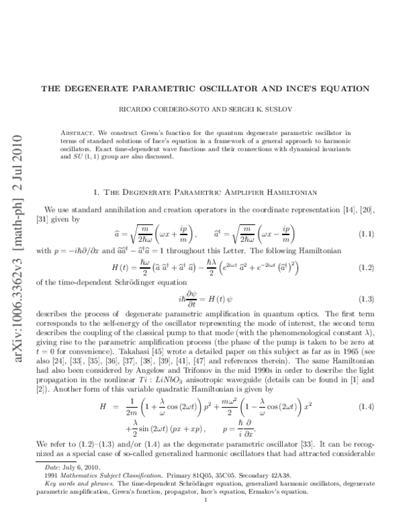 (PDF) The degenerate parametric oscillator and Ince's equation