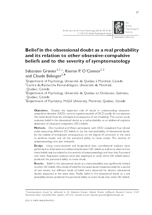 (PDF) Belief in the obsessional doubt as a real probability and its ...