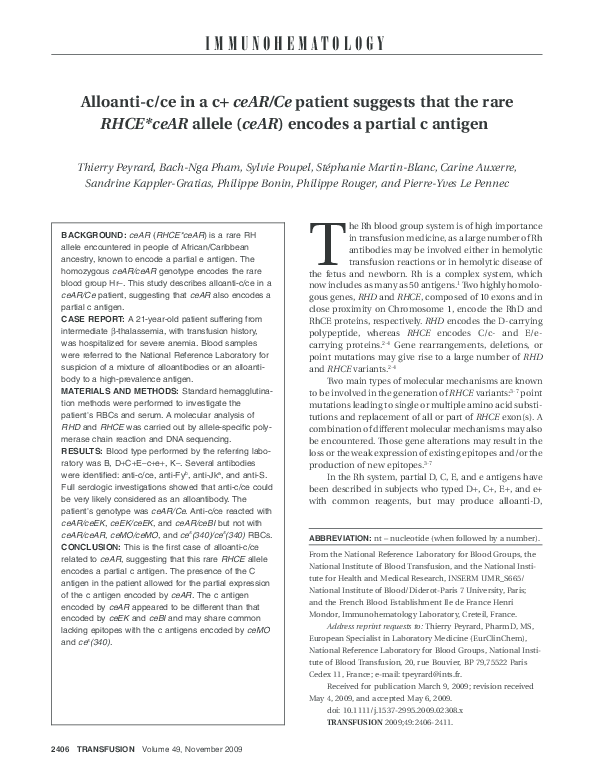 (PDF) Alloanti-c/ce in a c+ ceAR/Ce patient suggests that the rare RHCE ...