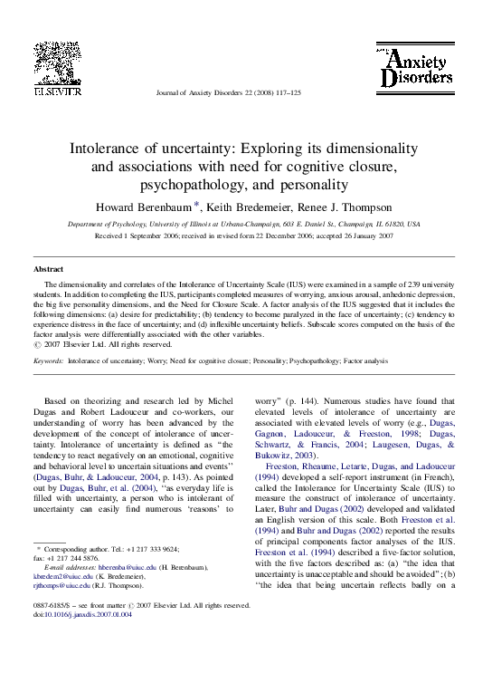 (PDF) Intolerance of uncertainty: Exploring its dimensionality and ...