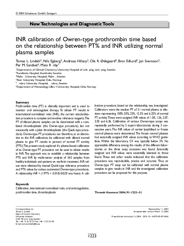 (PDF) INR calibration of owren-type prothrombin time based on the ...