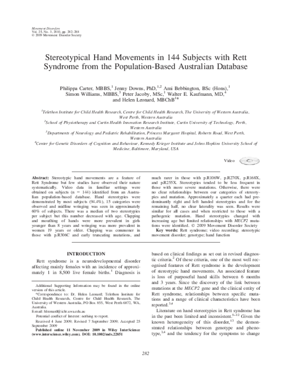 (PDF) Stereotypical hand movements in 144 subjects with Rett syndrome ...