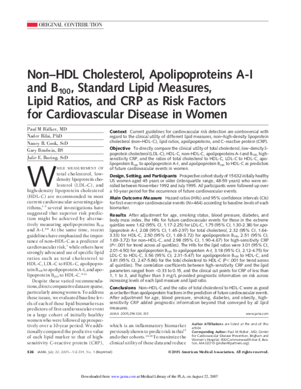 (PDF) Non–HDL Cholesterol, Apolipoproteins A-I and B 100 , Standard ...
