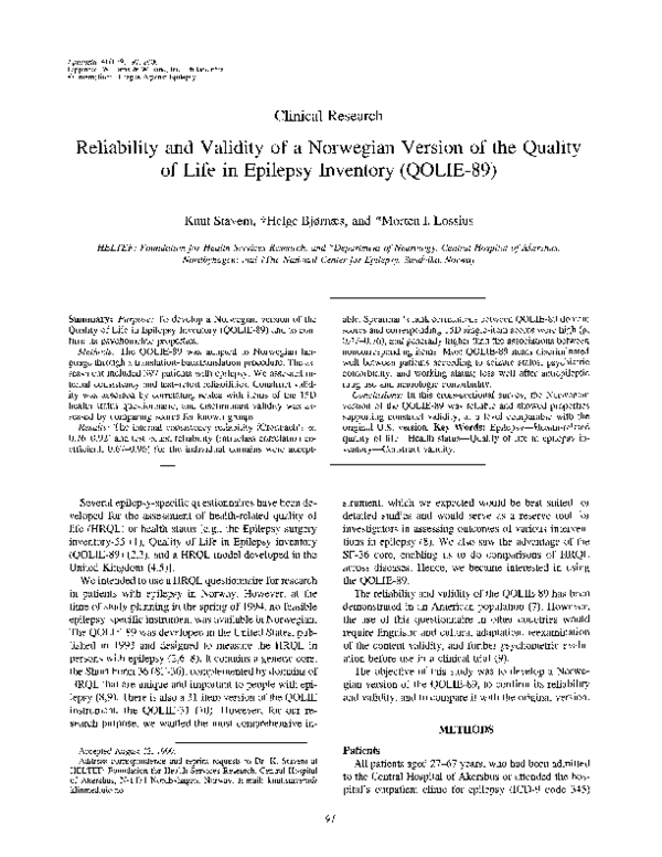 (PDF) Reliability and Validity of a Norwegian Version of the Quality of Life in Epilepsy ...