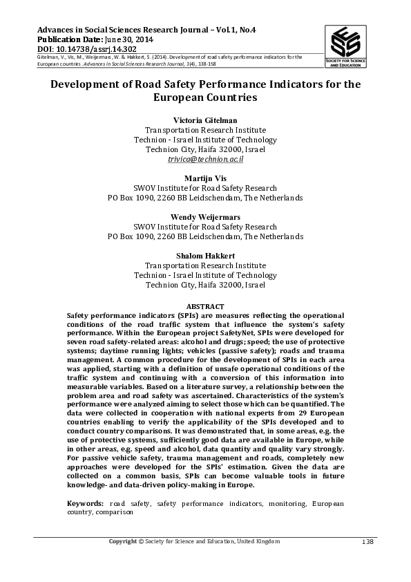 (PDF) Development of Road Safety Performance Indicators for the ...