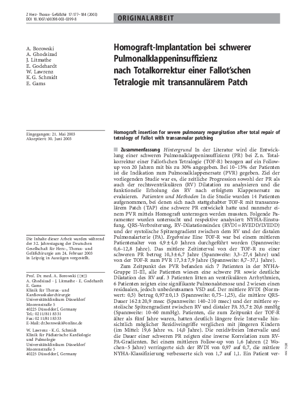(PDF) Homograft-Implantation bei schwerer Pulmonalklappeninsuffizienz ...