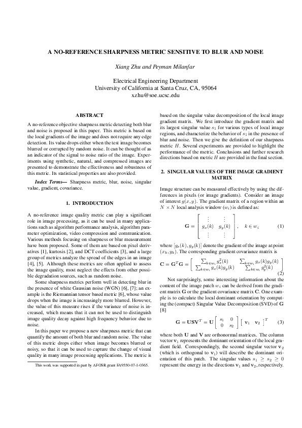 Pdf A No Reference Sharpness Metric Sensitive To Blur And Noise