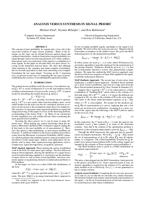(PDF) Analysis versus synthesis in signal priors