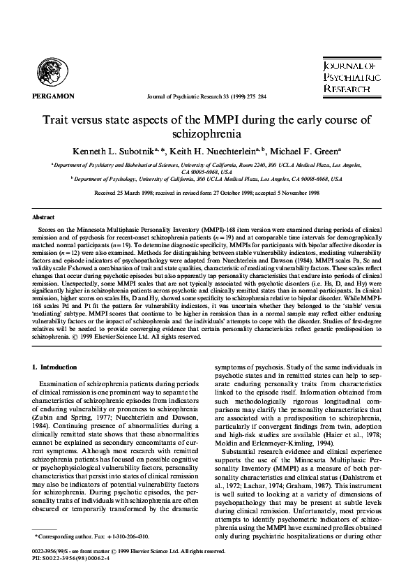 Trait versus state aspects of the MMPI during the early course of ...