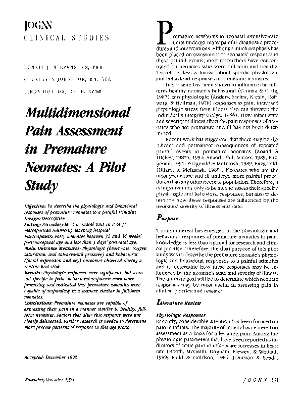 (PDF) Multidimensional Pain Assessment in Premature Neonates: A Pilot Study