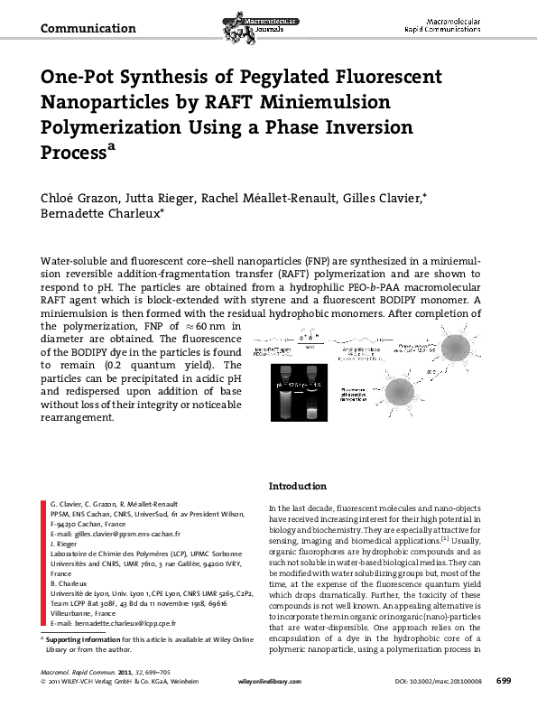(PDF) One-Pot Synthesis of Pegylated Fluorescent Nanoparticles by RAFT ...