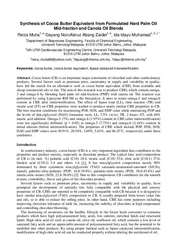 Pdf Synthesis Of Cocoa Butter Equivalent From Formulated Hard Palm Oil Mid Fraction And Canola