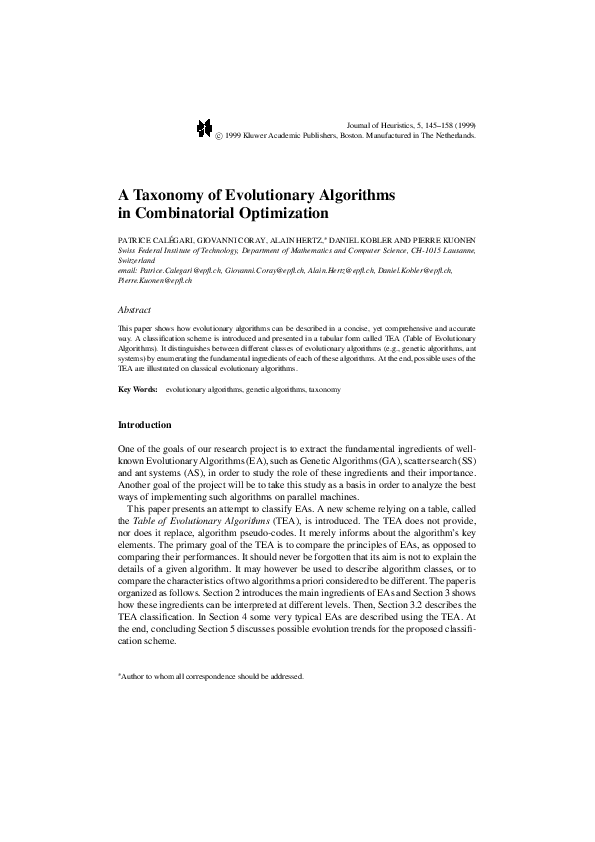 (PDF) A taxonomy of evolutionary algorithms in combinatorial optimization