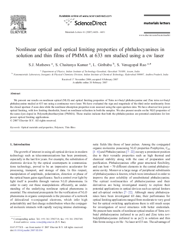 (PDF) Nonlinear optical and optical limiting properties of individual single-walled carbon nanotubes