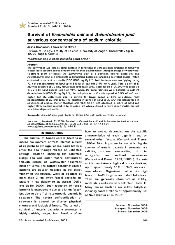 (PDF) Survival of Escherichia coli and Acinetobacter junii at various ...