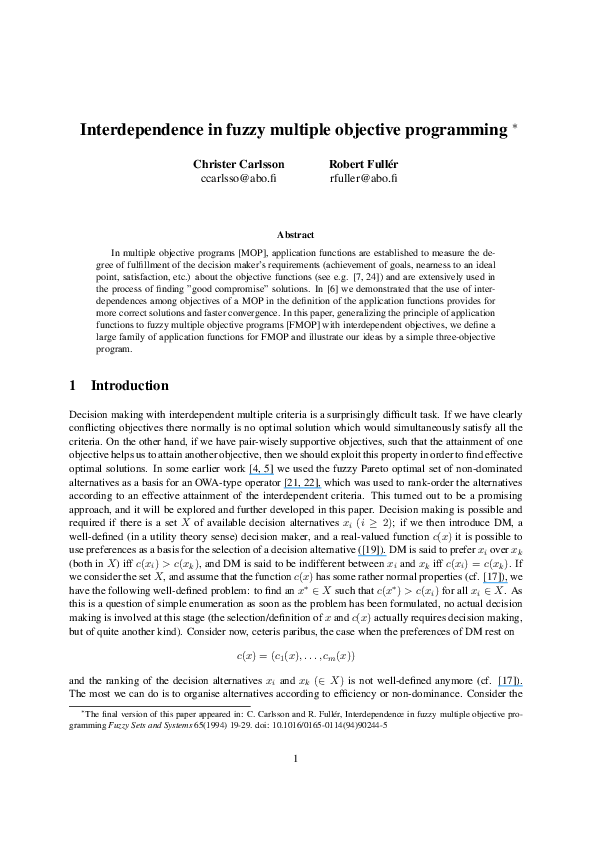 Pdf Interdependence In Fuzzy Multiple Objective Programming Robert